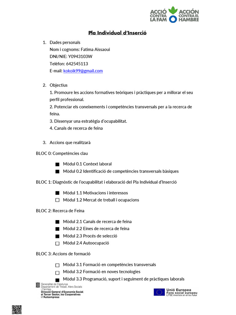 Pla Individual d Inserció Fatima Aissaoui.pdf | PDF