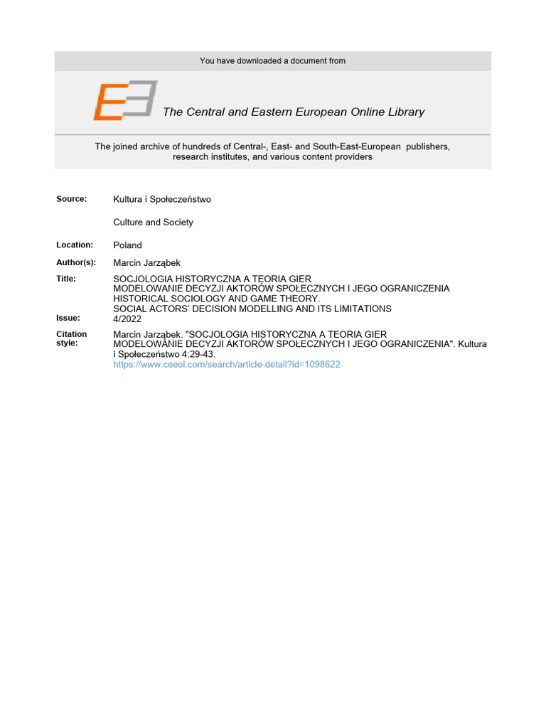 Historical Sociology and Game Theory Social Actors Decision Modelling ...