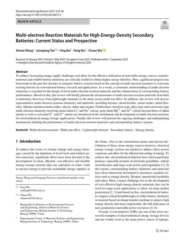 Multi Electron Reaction Materials For High Energy Density Secondary Batteries Current Status and ...