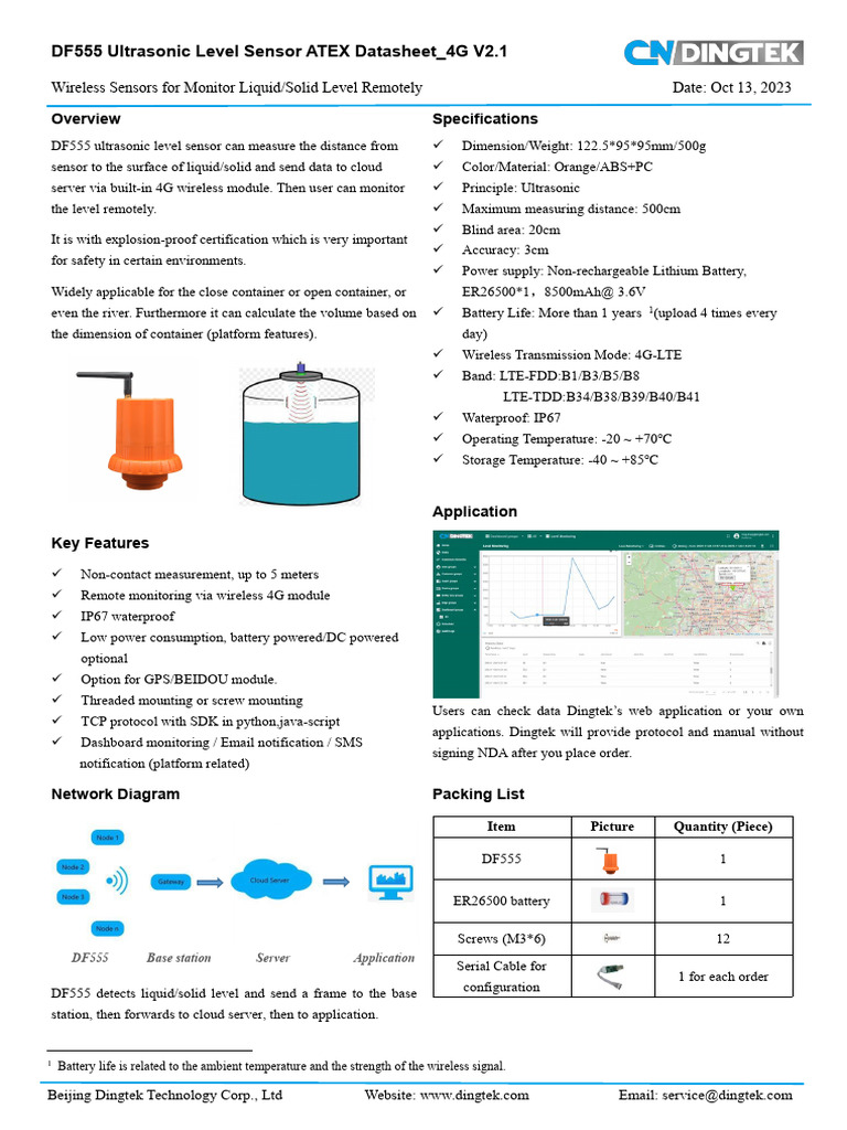 DF555 Ultrasonic Level Sensor 4G ATEX Datasheet V2.1 | PDF | Computing | Computer Engineering