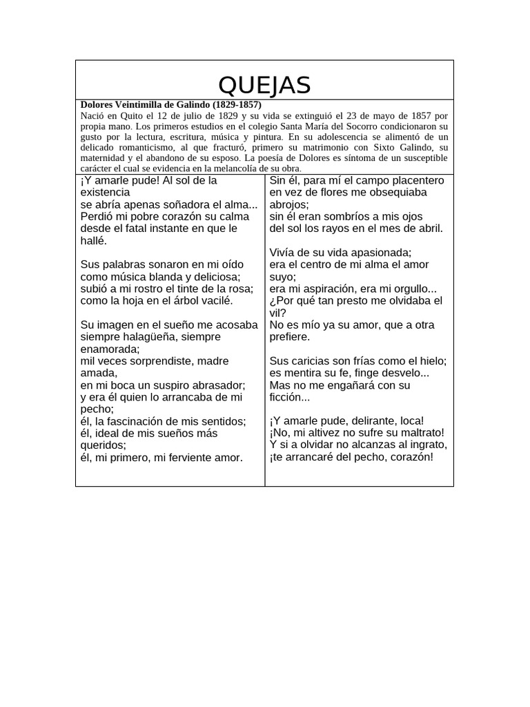 Material para Trabajar El Poema Quejas | PDF