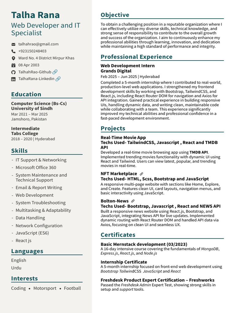 Talha's IT Cv | PDF | Web Development | Java Script