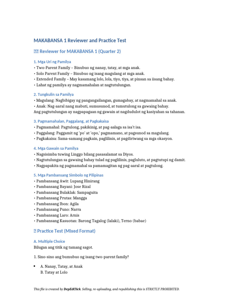 MAKABANSA1 Reviewer and Practice Test | PDF