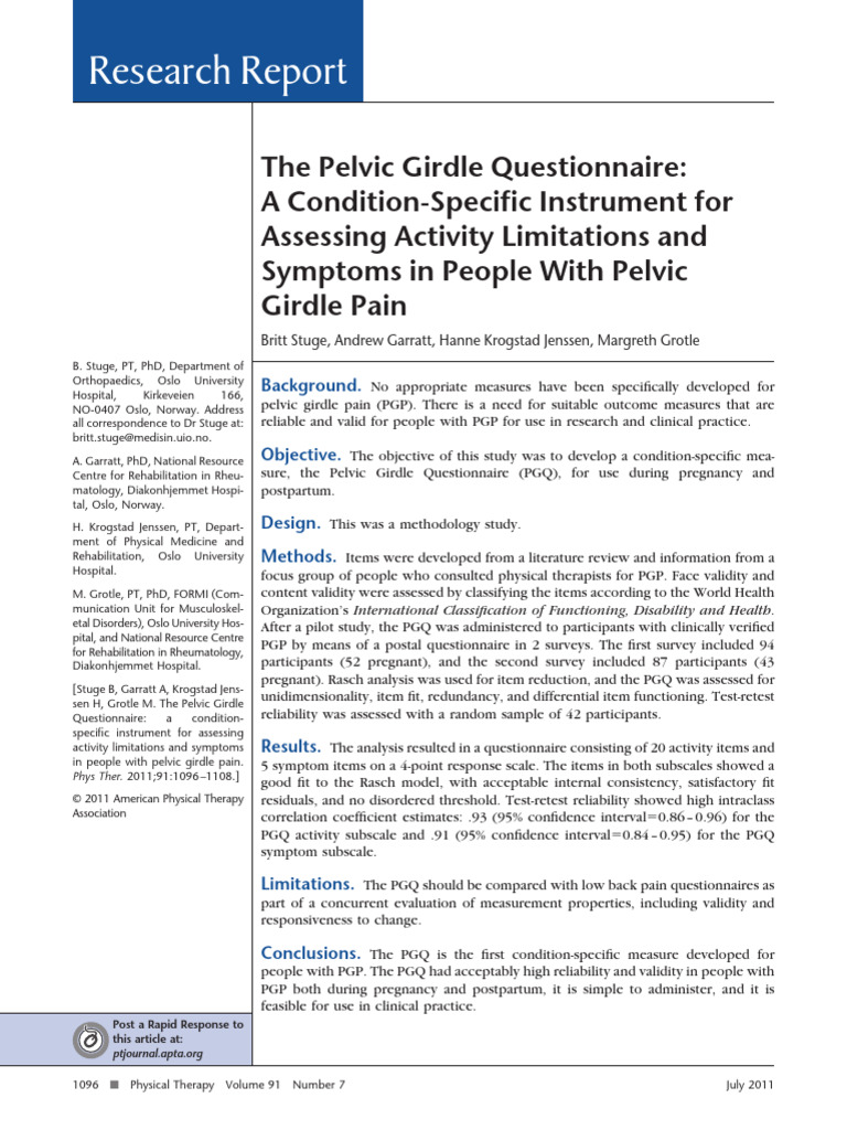 Pelvic Girdle Questionnaire for PGP | PDF | Standard Deviation ...