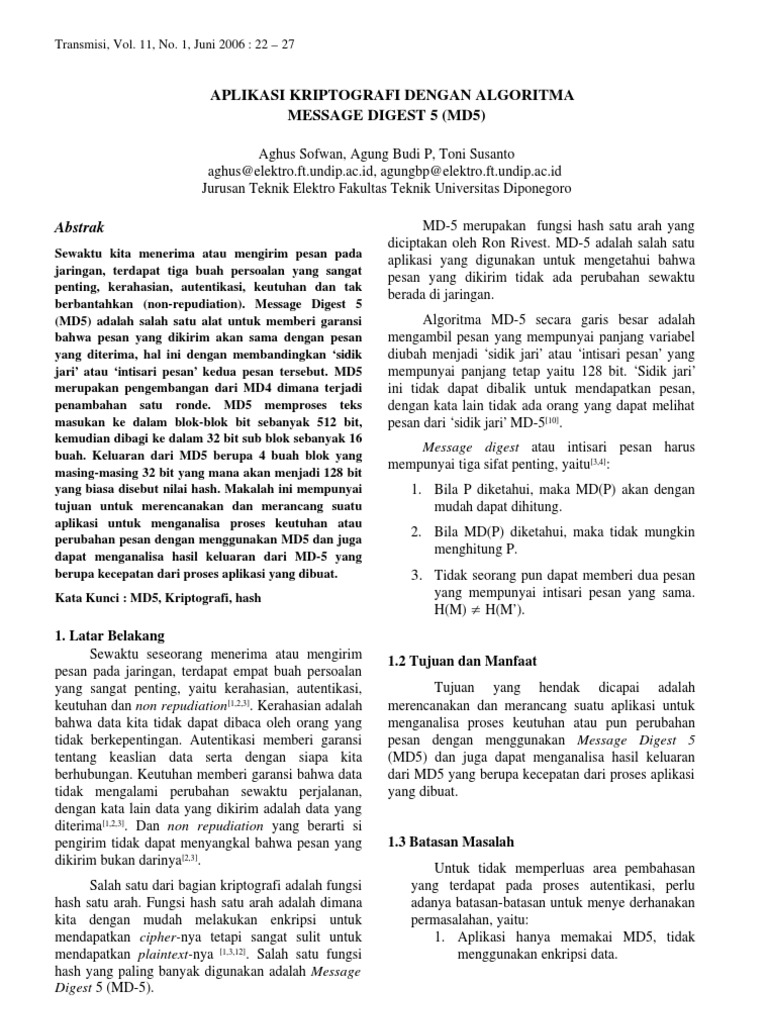 Aplikasi Kriptografi Dengan Algoritma Message Digest 5 (Md5) | PDF