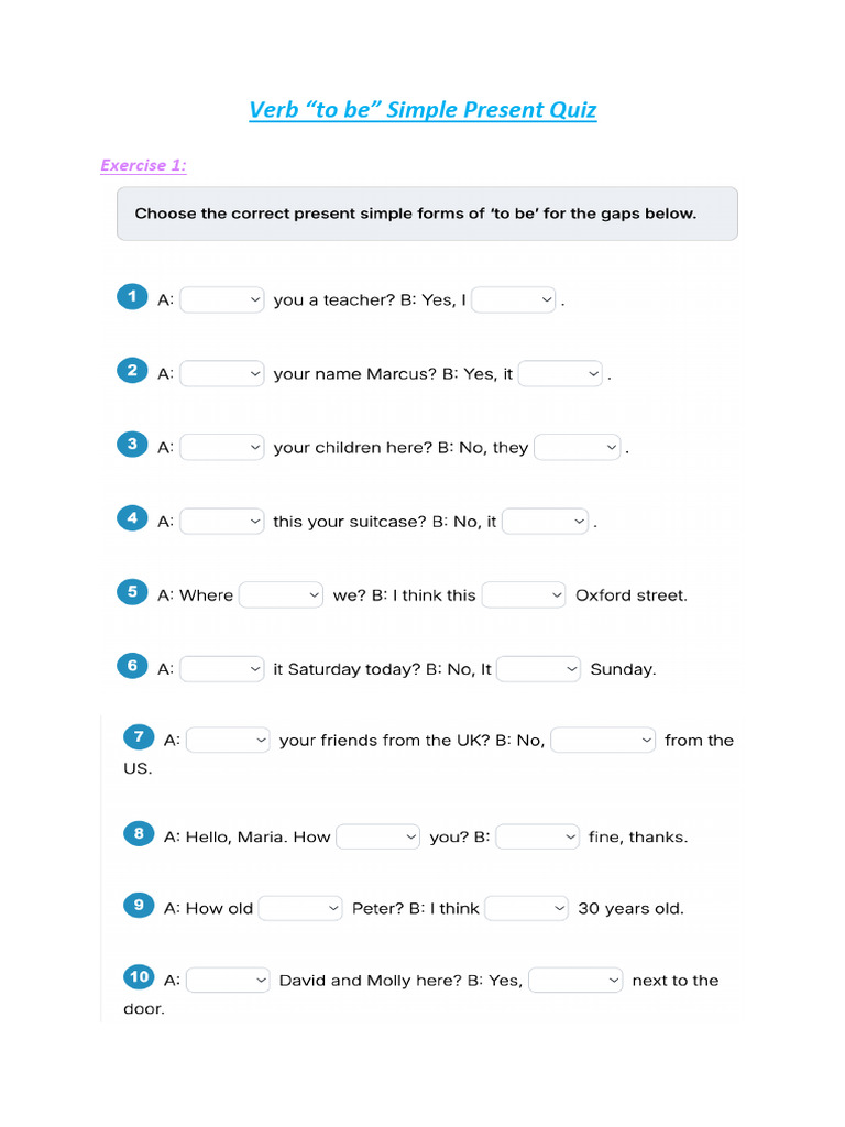 Verb "To Be" Simple Present Quiz | PDF