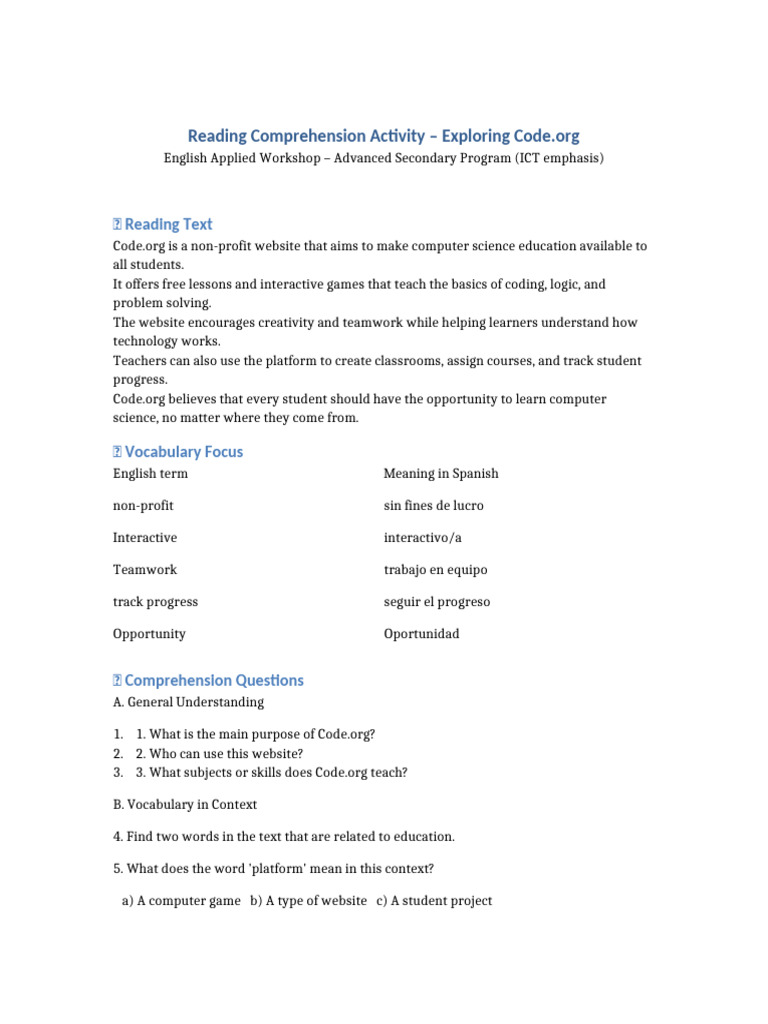 Reading Comprehension Code Org Worksheet | PDF