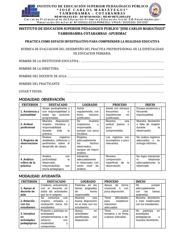 Rúbrica Practica Preprofesional Observacion Ayudantia | PDF | Aprendizaje