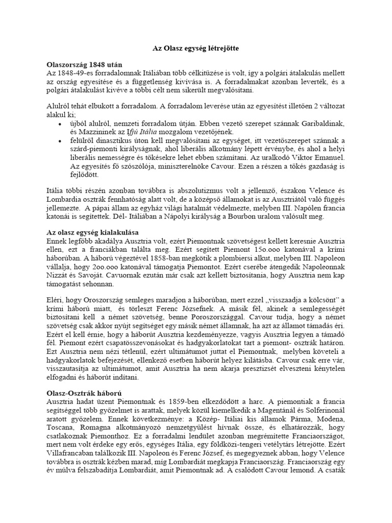 Az Olasz Egység Létrejötte | PDF