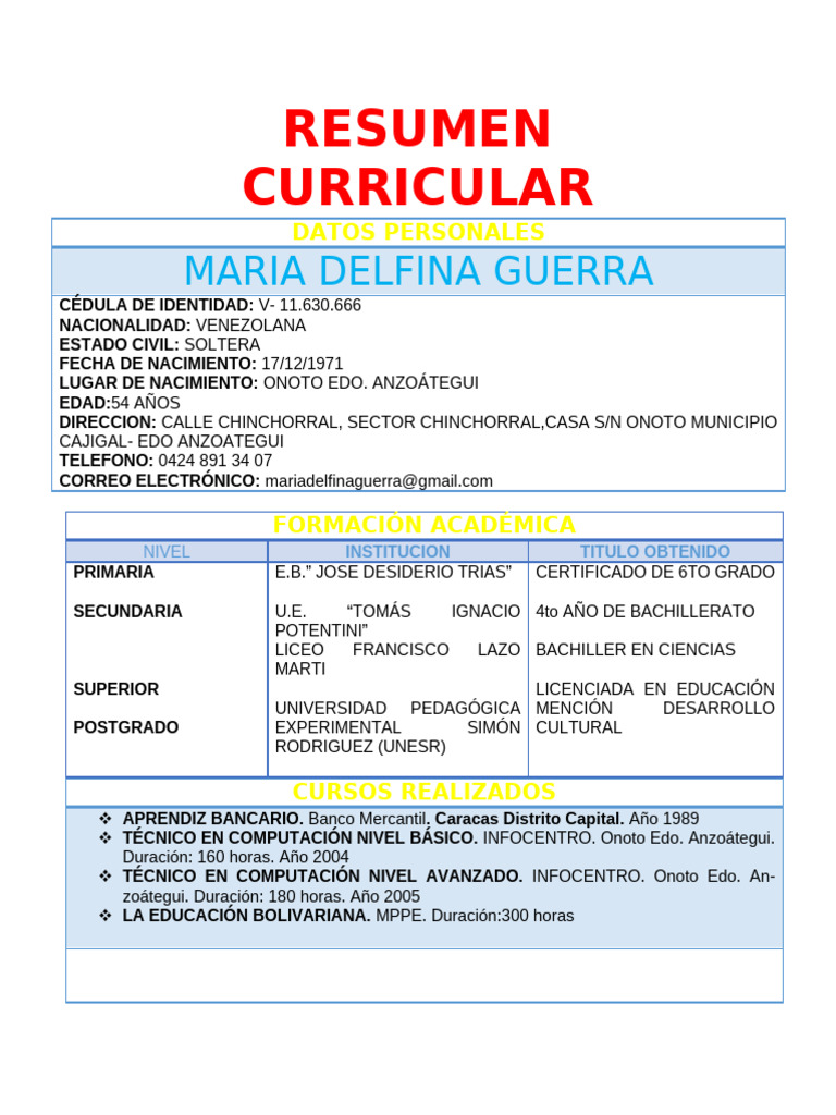 Resumen Curricular Maria Delfina | PDF