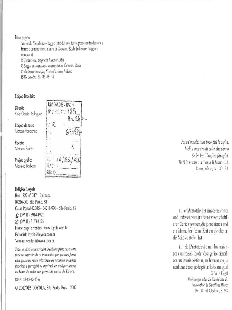 Metafísica. -Edição de Giovanni Reale. 2V.- - Aristóteles_cópia | PDF