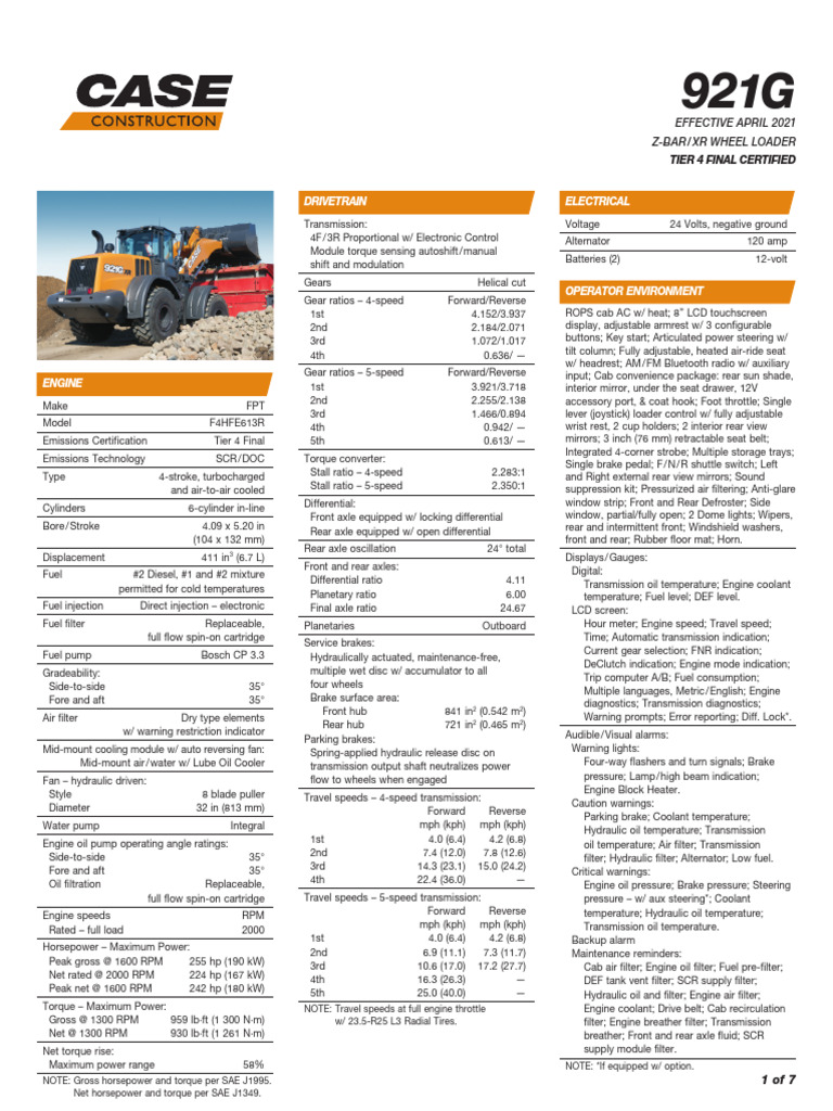 921G Wheel Loader Specifications Fed 2024 | PDF | Horsepower ...