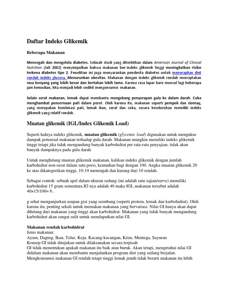 Daftar Indeks Glikemik Makanan | PDF