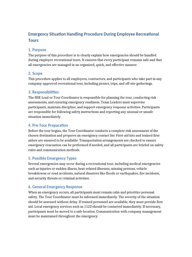 Emergency Tour Procedure With Headings | PDF | Emergency | First Aid