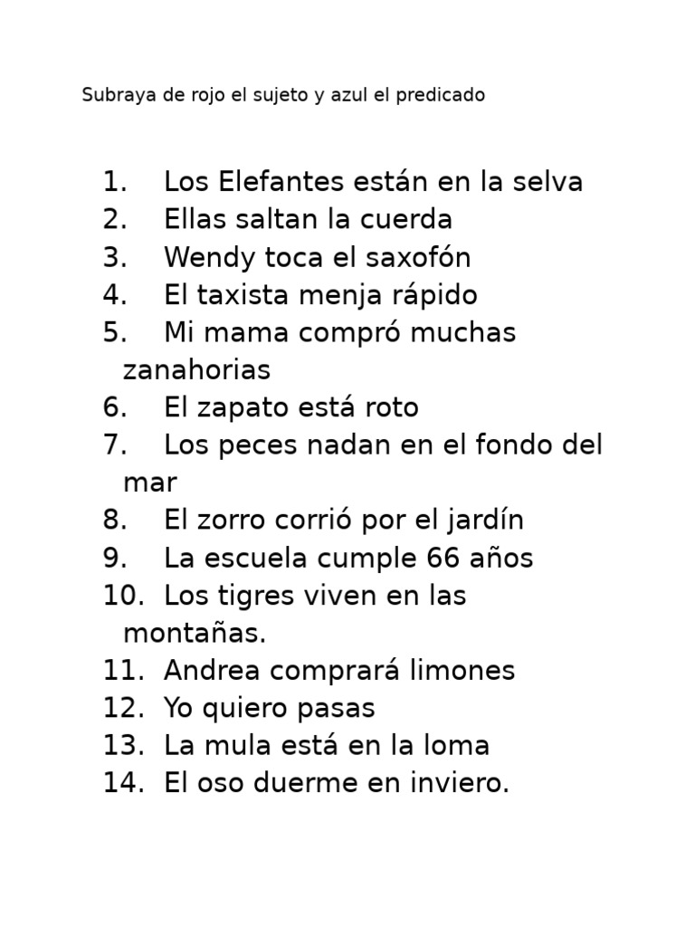 Subraya de Rojo El Sujeto y Azul El Predicado | PDF