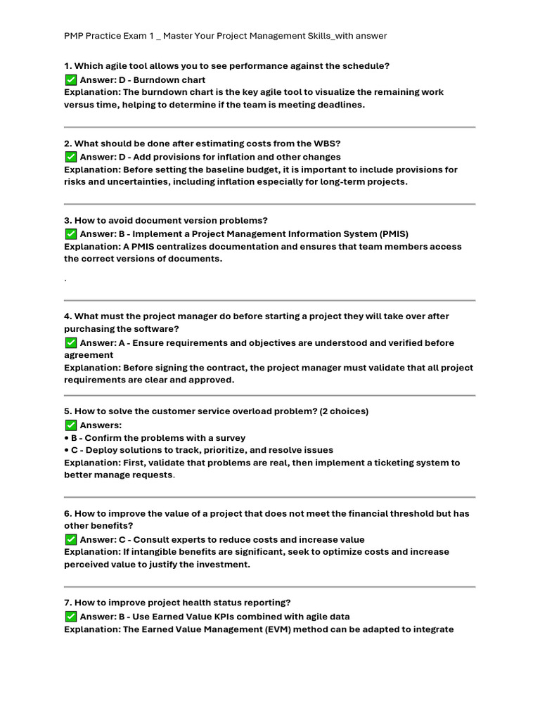 PMP Practice Exam 1 - With Answer | PDF | Project Management | Agile ...