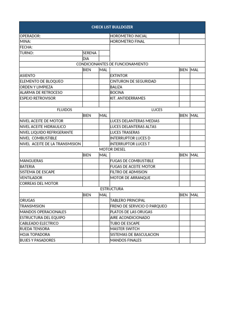 Check List Bulldozer | PDF | Tecnología de vehículos | Industria automotriz