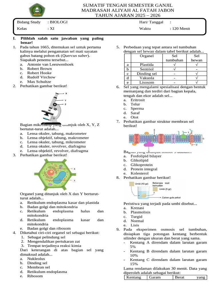 Soal PTS BIOLOGI XI Ganjil MTs Al Fatah 25-26 | PDF