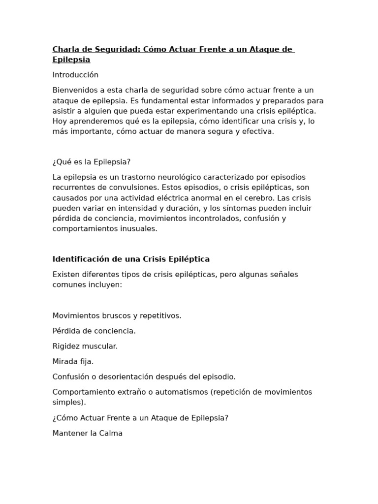 Charla de Seguridad Frente Ataque de Epilepsia | PDF | Epilepsia ...