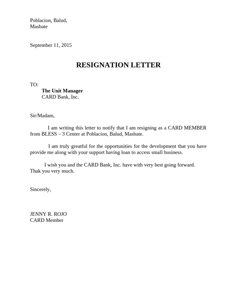 CARD Bank Member Resignation Letters | PDF