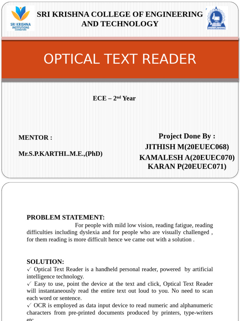 Optical Text Reader | PDF | Optical Character Recognition | Computer ...
