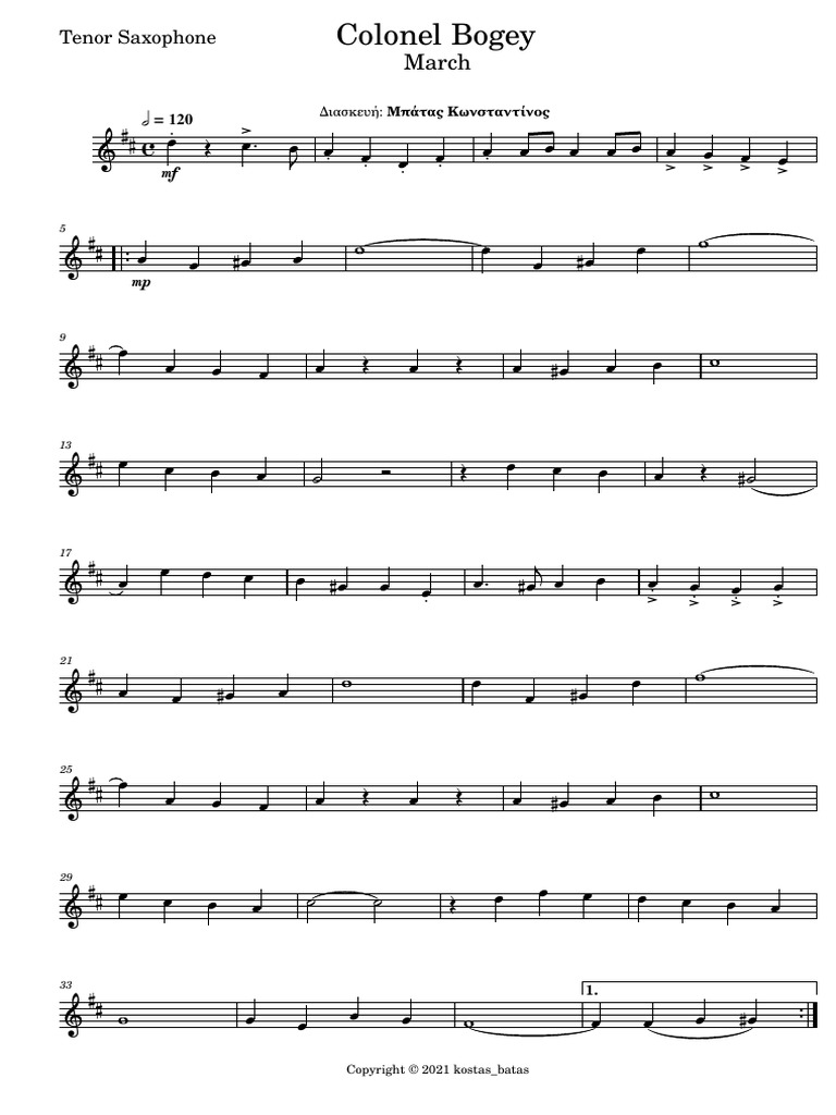 Colonel Bogey for Tenor Saxophone | PDF | Saxophone | Woodwind Instruments