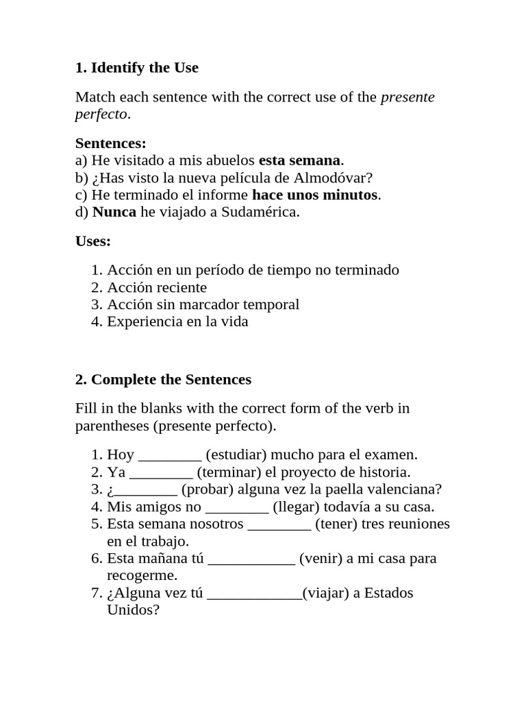 Práctica - Presente Perfecto. | PDF