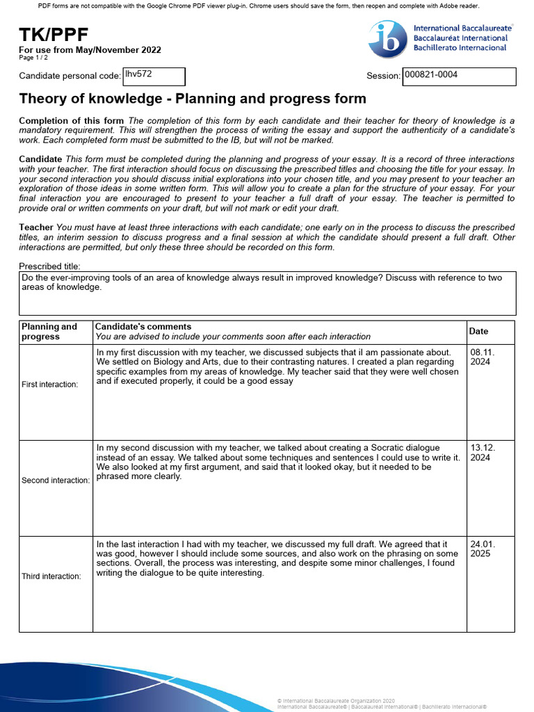 TOK Planning and Progress Form Guide | PDF