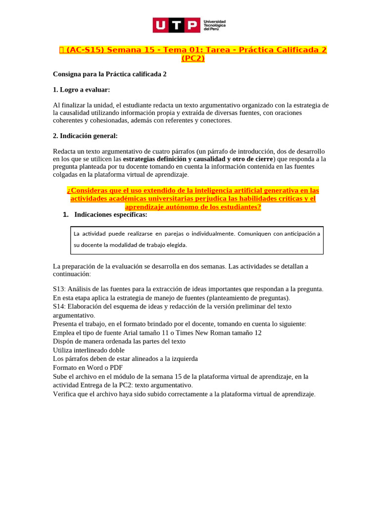 ? (AC-S15) Semana 15 - Tema 01 Tarea - Práctica Calificada 2 (PC2) - REDACCION 1 | PDF ...