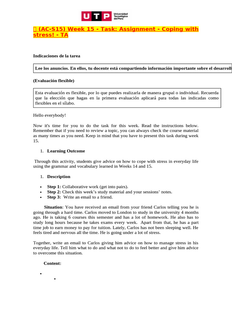 ? (AC-S15) Week 15 - Task Assignment - Coping with stress! - TA - INGLES 4 | PDF | Refresco ...