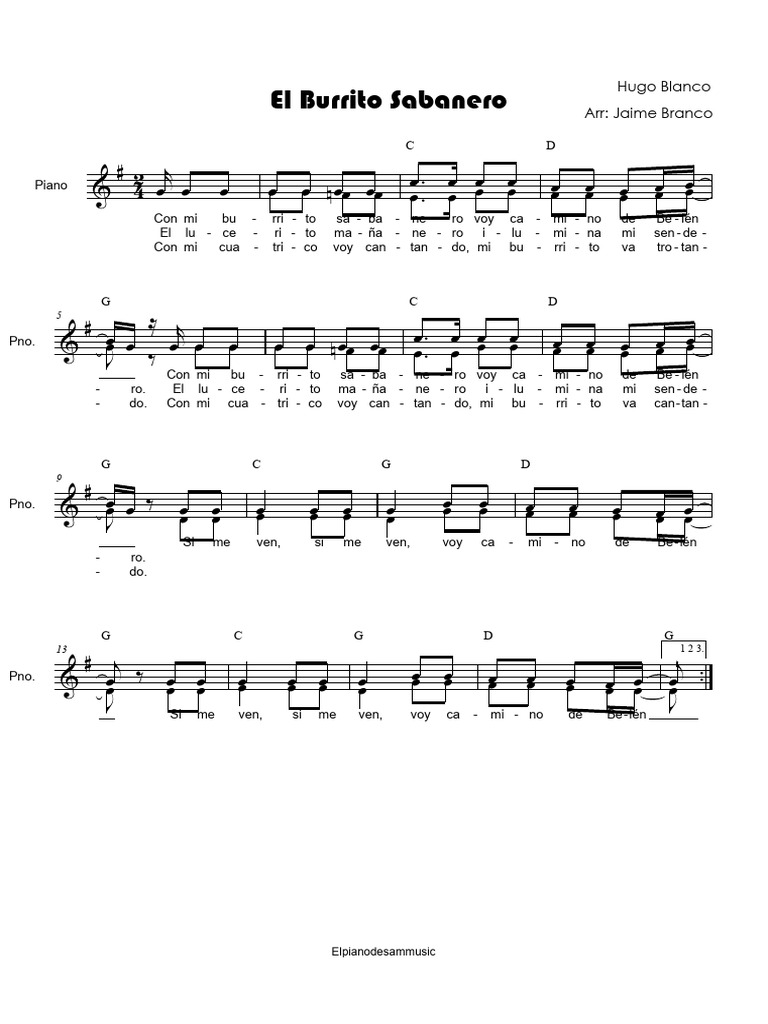 Piano: El Burrito Sabanero Arr. | PDF
