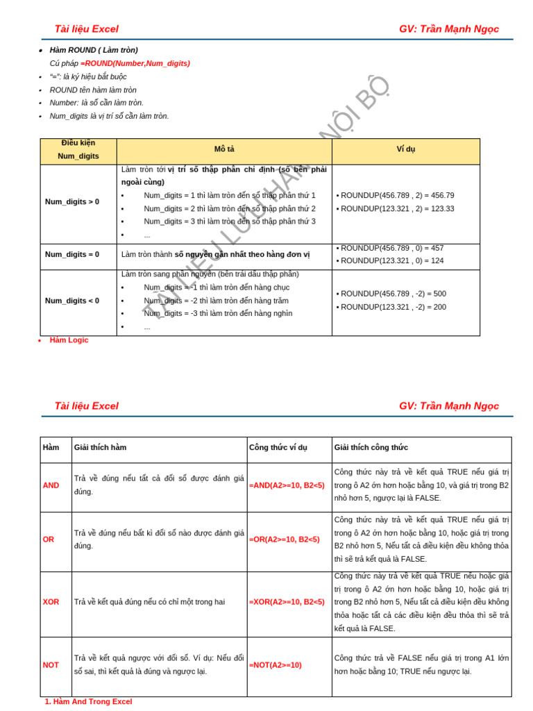 Hàm ROUND, Logic Trong Excel | PDF