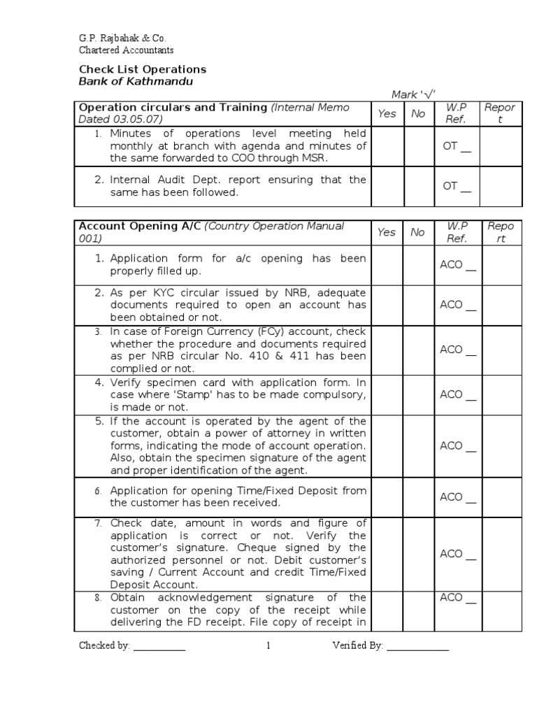 Check List For Operation | PDF | Cheque | Payments