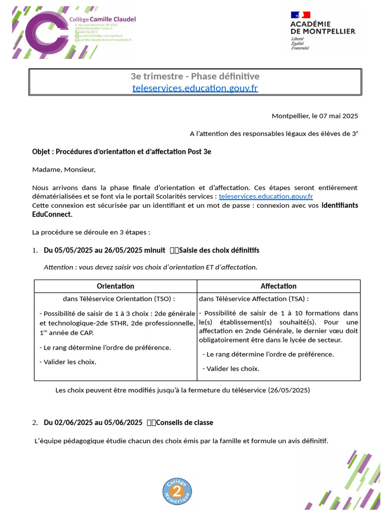 Orientation et affectation Post 3e 2025 | PDF