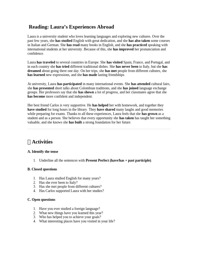 Lectura Presente Perfecto | PDF