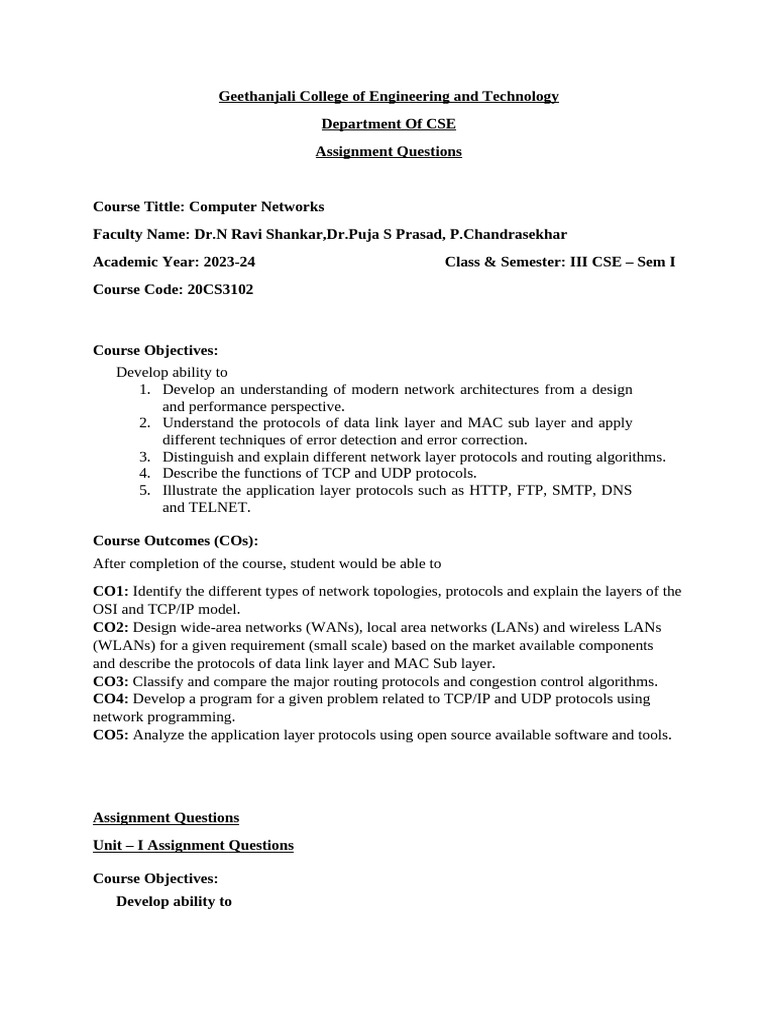 CN Assignment Mappings 2023 - 2024 | PDF | Computer Network | Internet Protocol Suite