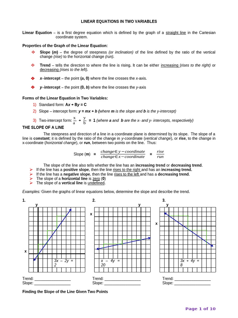 Linear Equations in 2 Variables | PDF | Slope | Algebra