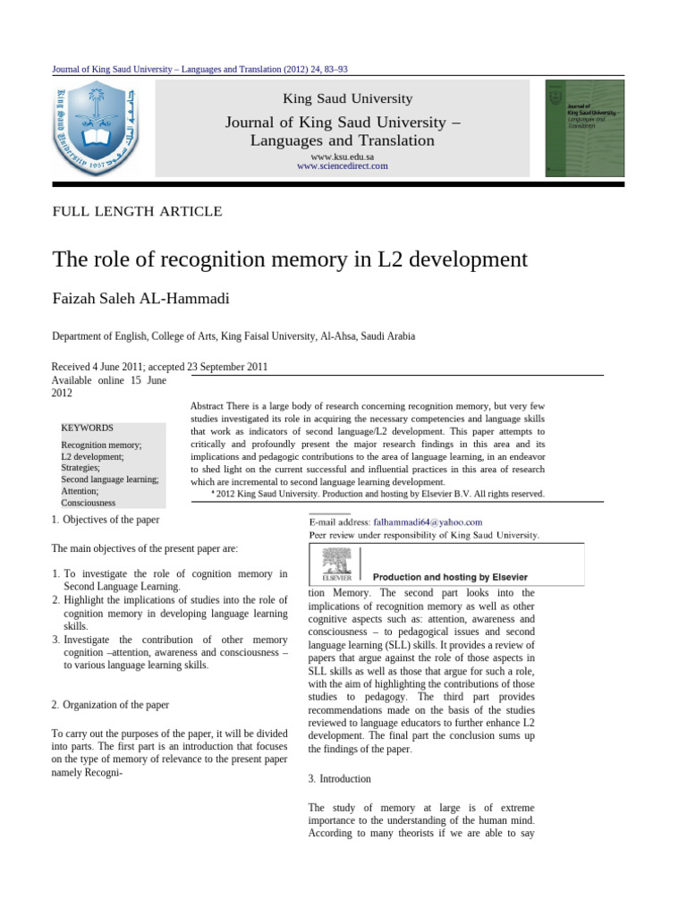 The Role Memory in L2 | PDF | Second Language | Second Language Acquisition