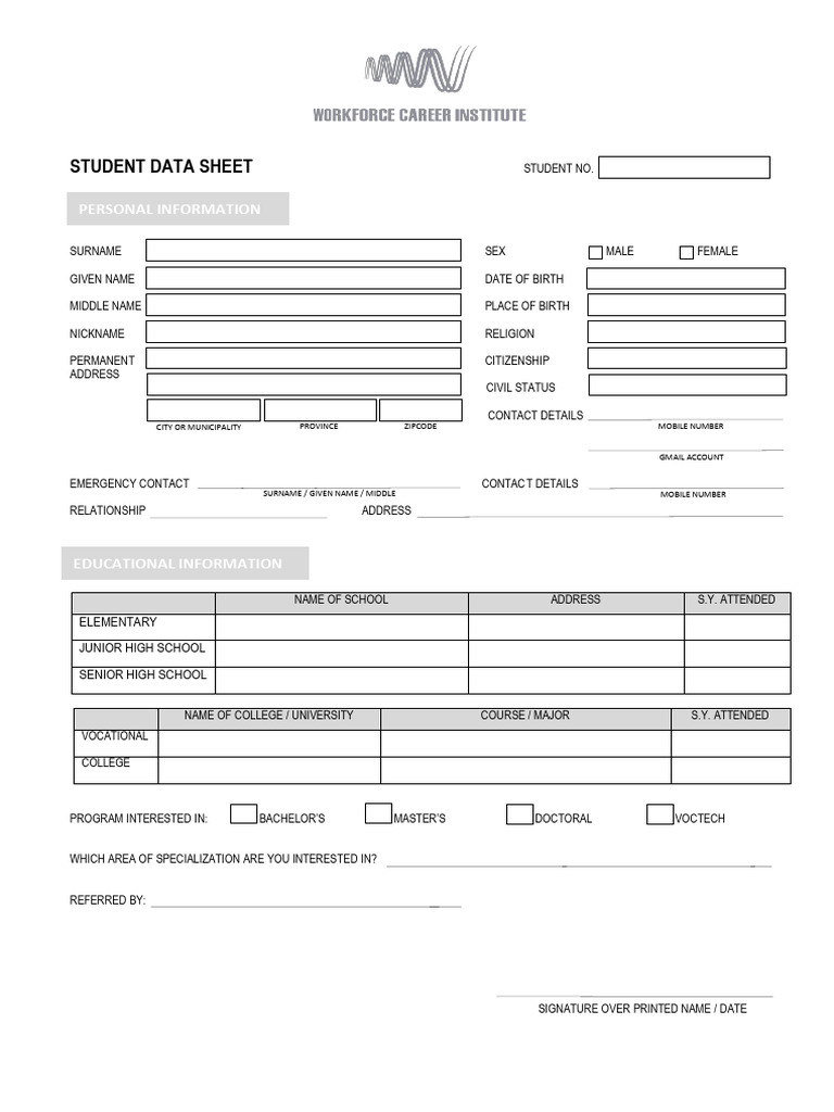 Student Data Sheet - Nov2024 | PDF