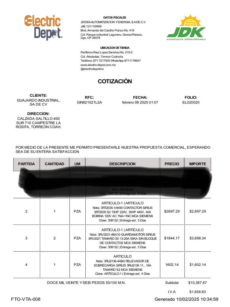 Cotización de Equipos Eléctricos 2025 | PDF