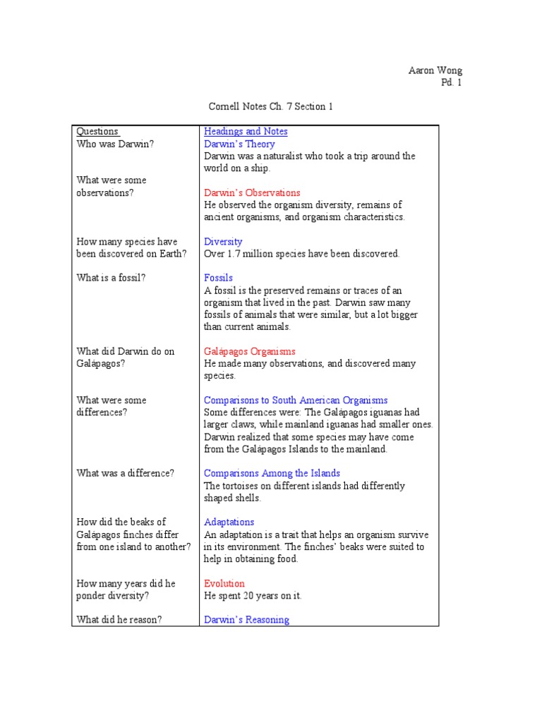 Cornell Notes CH 7 | PDF | Natural Selection | Genetic Diversity