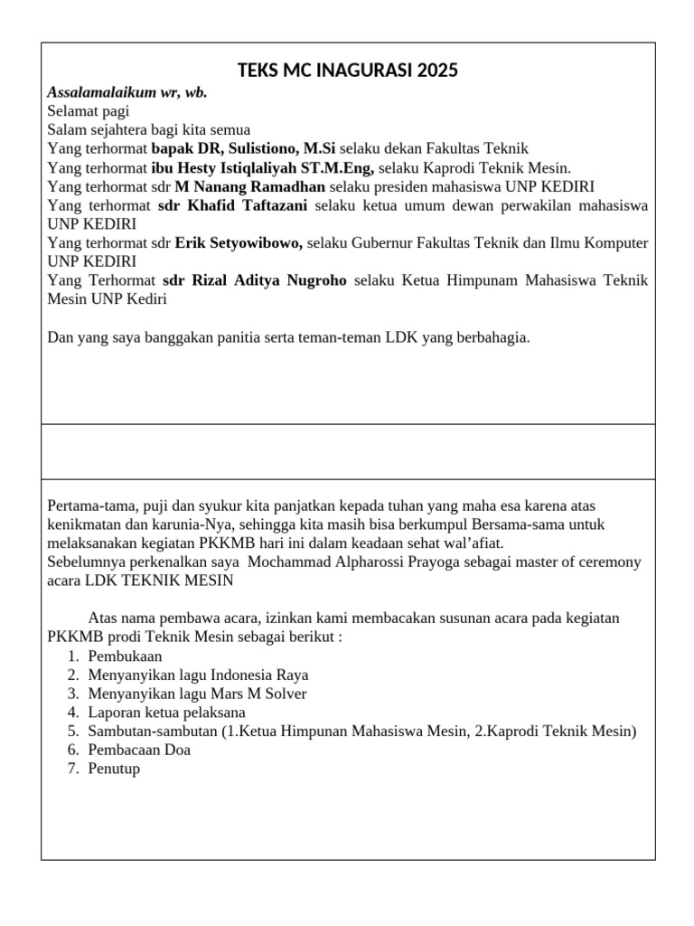 Teks MC Inagurasi LDK Teknik Mesin 2025 | PDF