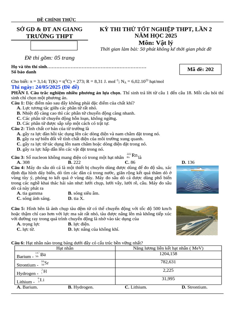 199. Sở an Giang - Lần 2 (Thi Thử Tốt Nghiệp Thpt Môn Vật Lí 2025) | PDF