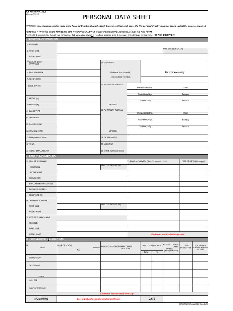 CS Form No. 212 Revised 2025 Personal Data Sheet | PDF | Government And ...