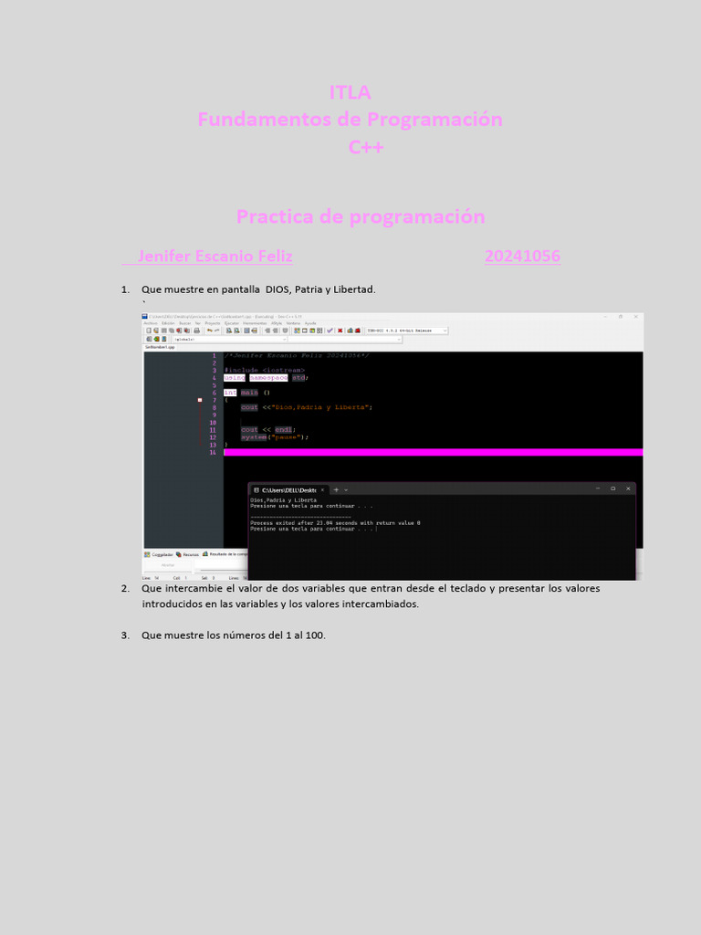 Practica de Programacion Realizada en El Lenguaje C++. | PDF