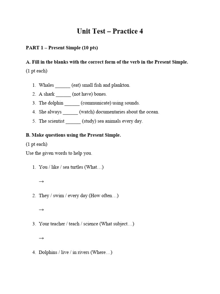 Unit Test - Practice 4 | PDF | Dolphin | Whales
