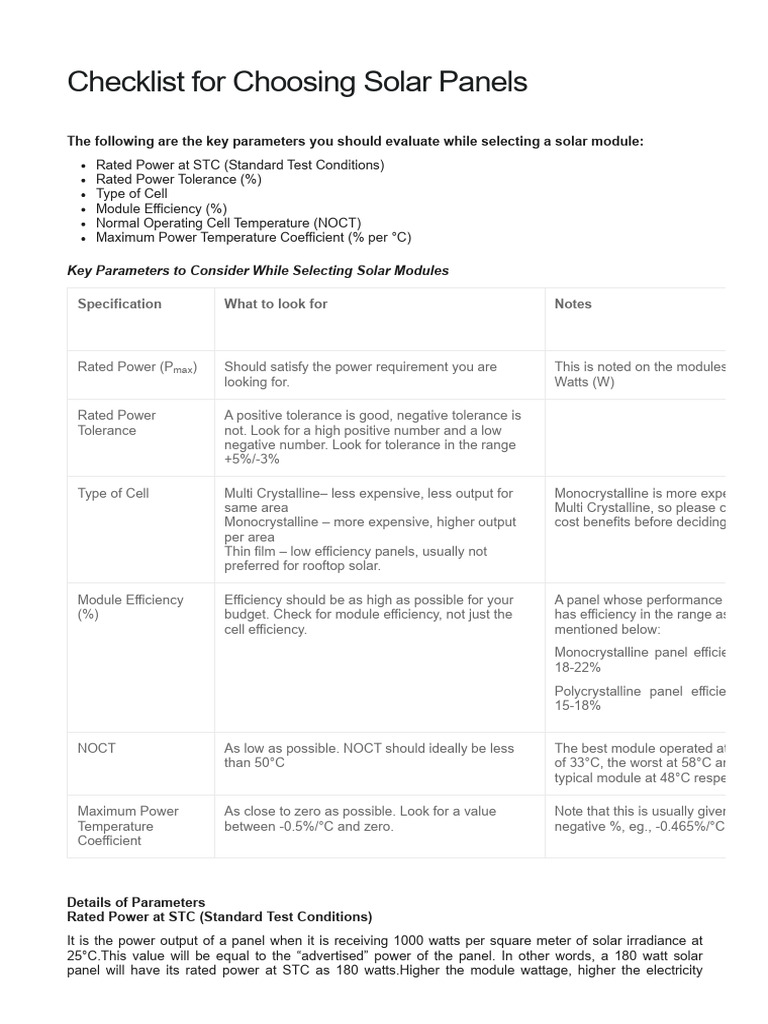 Solar Panel Selection Checklist | PDF | Solar Panel | Solar Cell