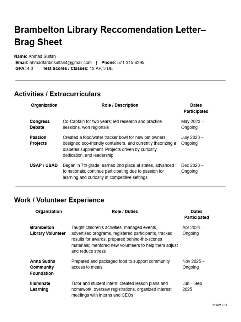 Brambelton Library Reccomendation Letter (Brag Sheet) | PDF | Behavior ...