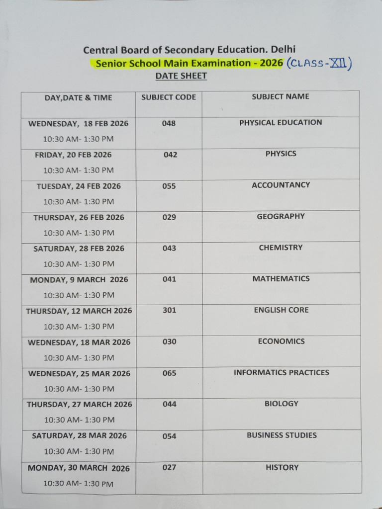 Board Exam Date Sheet Class 12th | PDF