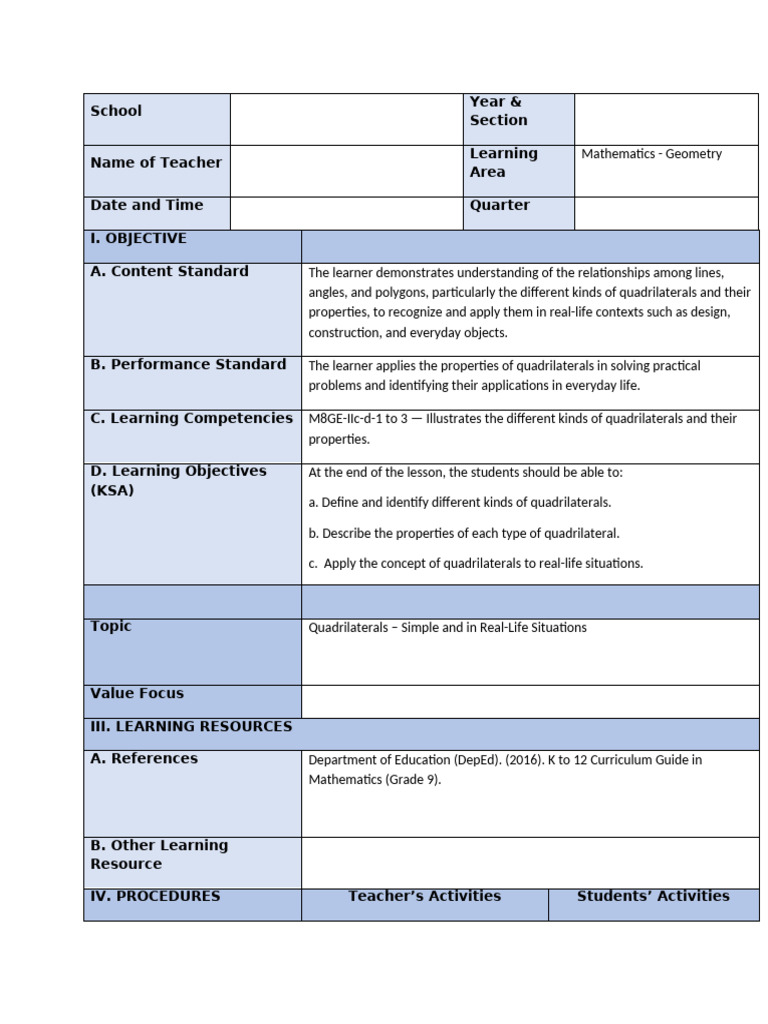 Quadrilaterals lesson plan | PDF | Rectangle | Geometric Shapes